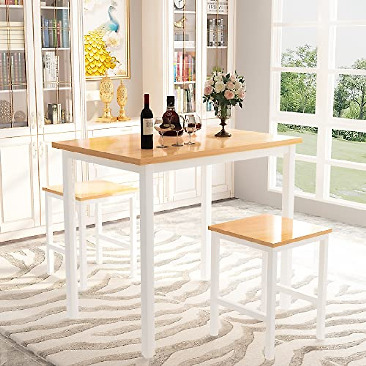 Recaceik 3 Piece Dining Table Set, Modern Bar Table Set w/ 2 Stools Kitchen Table Set for 2 Compact Design Kitchen Bar Table and Chairs for Dining Room, Living Room, Apartment, Small Space (Beige)
