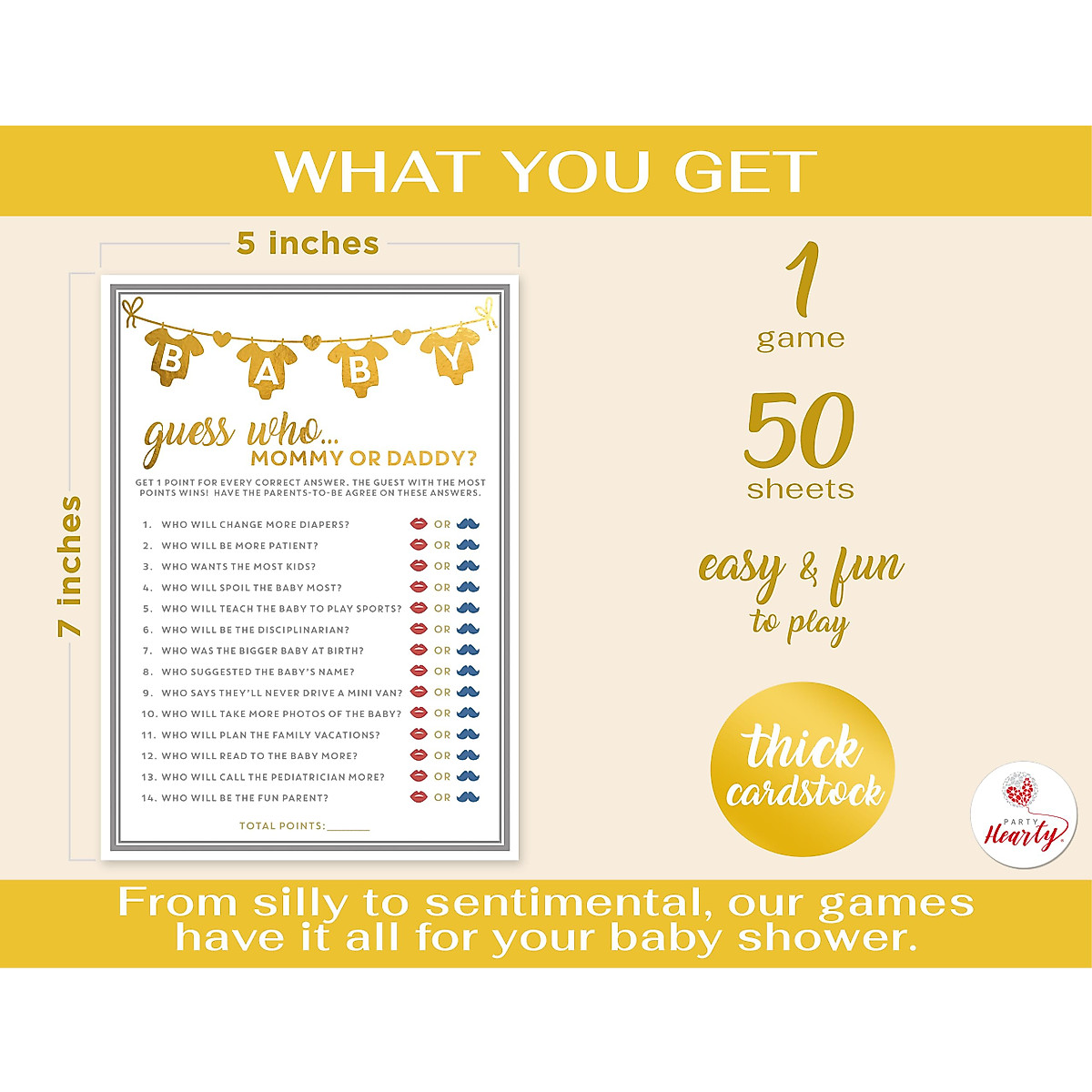 Party Hearty Baby Shower Games for Girl or Boy, 50 pcs Mommy or Daddy Guess Who Game, Fun Activity Cards, Gender Neutral, Baby Shower Ideas