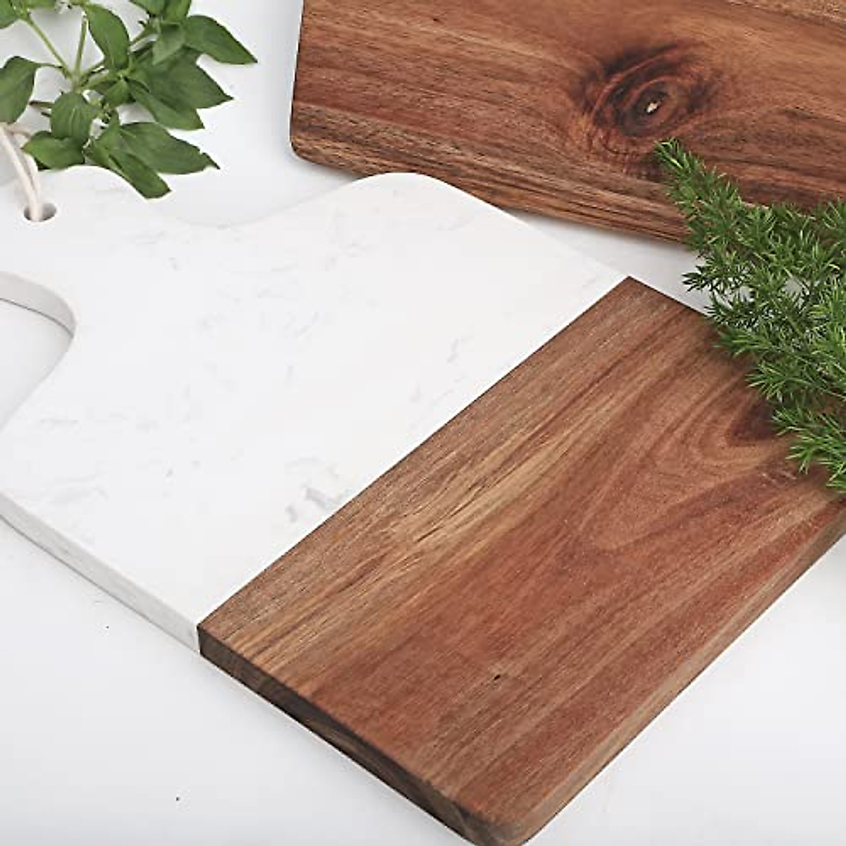 Azauvc Cutting Board with Marble and Natural Wood,Serving Board for Steak Fruits with Handle,Chopping Board for Bread as Serving Trays (White)