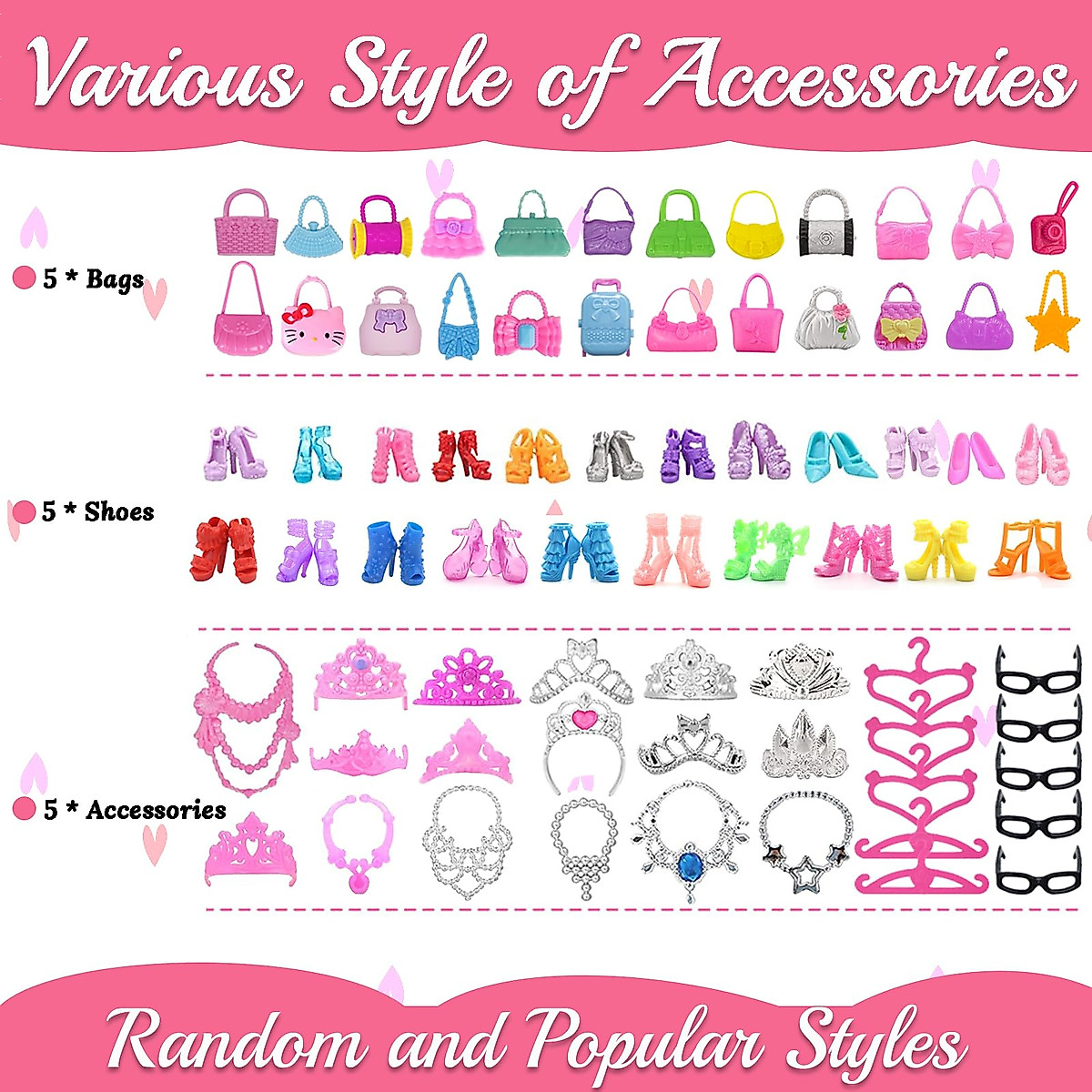 32 Pcs Doll Clothes and Accessories for Doll, 11.5 Inch Doll Outfit Collection Including 6 Floral Skirts 6 Dresses 5 Shoes 5 Accessories and 5 Bags (Random Style), for Girls Birthday Gifts