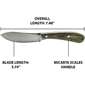 Lord & Field Tallulah Fixed Blade Survival Knife 440C Stainless Steel 3.74in Blade Modified Drop Point - Micarta Scales Handle - Scout Carry Leather Sheath - Hunting Skinning Knife