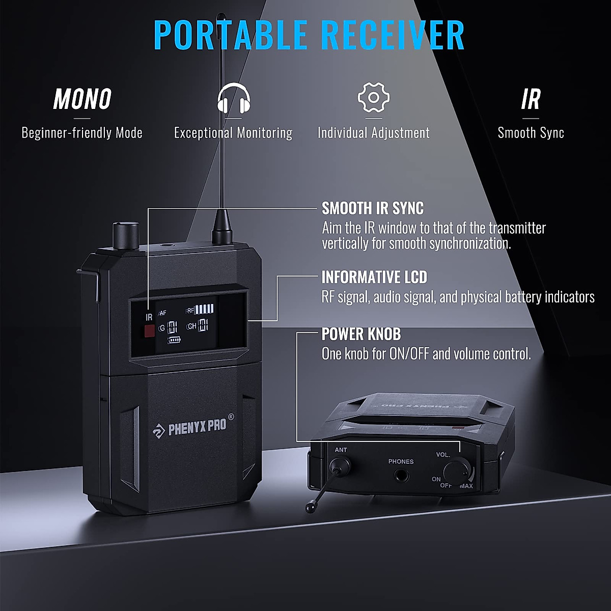 Phenyx Pro UHF Mono Wireless in-Ear Monitor System, Metal Wireless IEM System, Bodypack Receiver, 50 Adjustable Frequencies, Separate Outputs, 164ft Operation, Suitable for Band and Studio (PTM-11)
