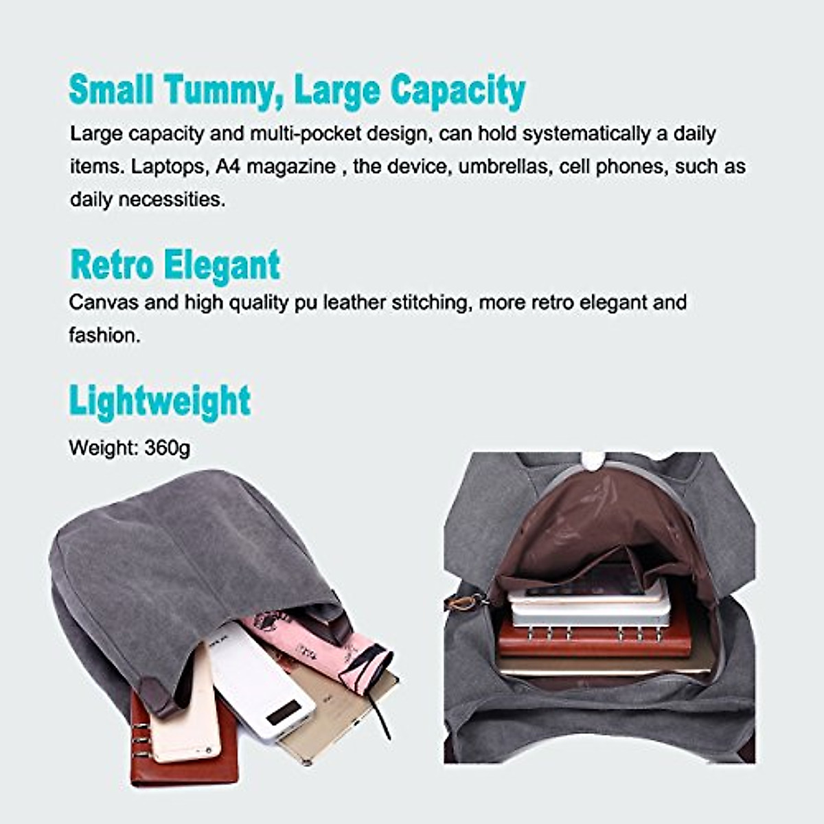 DOURR Women's Multi-pocket Shoulder Bag Fashion Cotton Canvas Handbag Tote Purse (Gray - Medium Size)