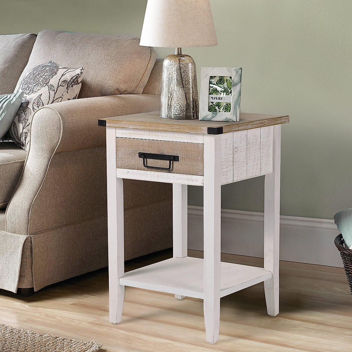 RUSTOWN Farmhouse Bedside Table Set of 2, Rustic Nightstand with Drawers and Open Shelf, Side Table End Tables for Bedroom/Living Room/Lounge (Vintage White)