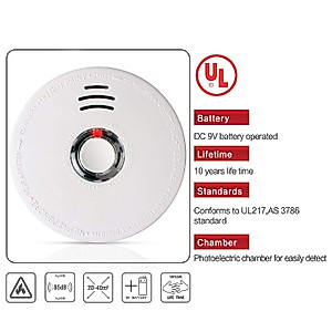Smoke Detector Fire Alarm, 2 Packs Photoelectric Smoke Detectors with UL Listed, 9V Battery Operated Smoke Detector (9V Battery Included), 10 Years Life Time, Fire Safety for Home, Hotel, School etc
