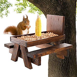 YOUEON Wooden Squirrel Feeder with Corn Holder, Squirrel Picnic Table Feeder with Bench and Plank Squirrel Feeder Table Stable Squirrel Feeders for Outside, Garden, Yard, Holding Nuts, Fruits, Berries