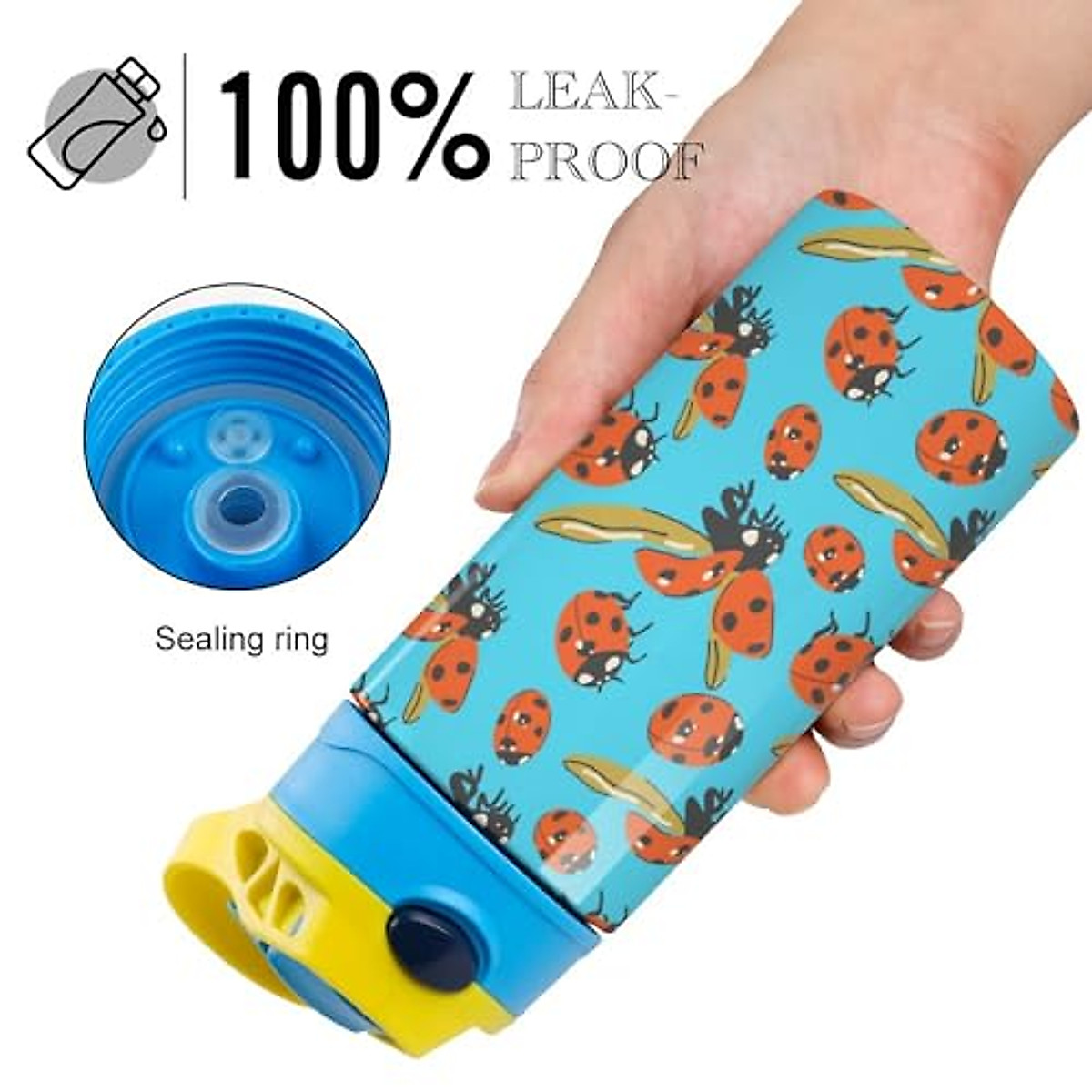 Kids Water Bottle with Straw Lid Hand-drawn Cartoon Ladybugs Print 12 Oz/350 Ml Stainless Steel Reusable Thermos Bottles
