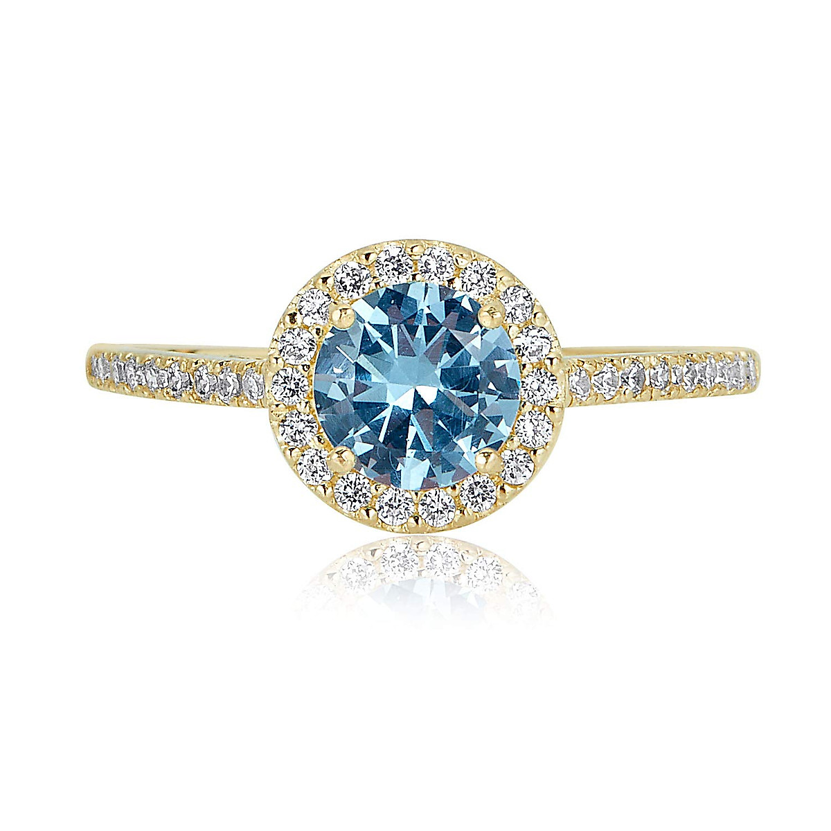 AVORA 10K Yellow Gold March Birthstone- Aquamarine with Simulated Diamond CZ Halo Fashion Ring - Size 6