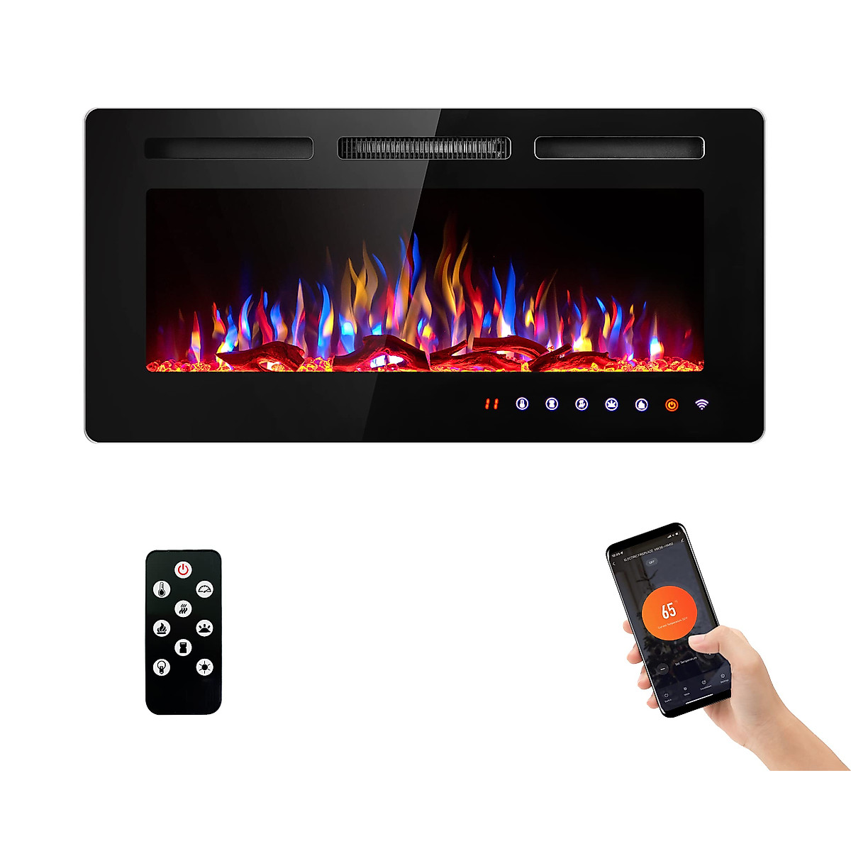 SUNNY FLAME 42" Electric Fireplace with Wi-Fi/Remote Control Wall Mounted and Recessed, Low Noise Fireplace with Timer, Touch Screen, Adjustable Flame Color and Speed, 750W/1500W, Log Set & Crystal