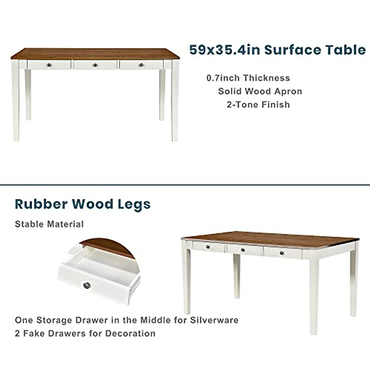 SIYSNKSI Mid-Century 6-Piece Dining Table Set with 4 Upholstered Dining Chairs and Bench, Wood Rectangular Dining Table with Drawer for Kitchen Living Room, Dining Table Set for 6 (Butter Milk+Grey)