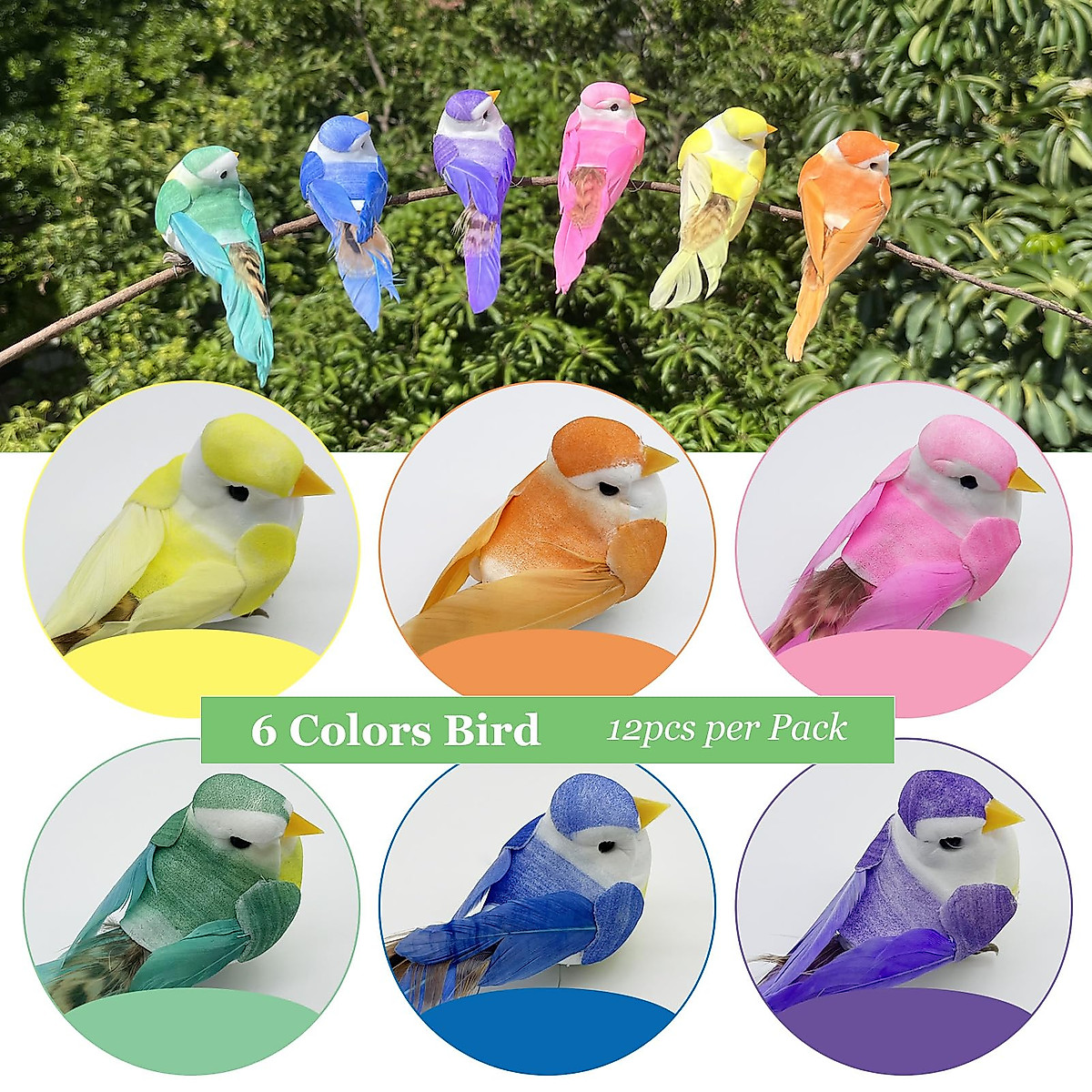 LWINGFLYER 12pcs Clip on Artificial Simulation Foam Feather Birds 3.5in Mini Love Birds for Craft Home Ornaments Garden Wedding Decoration Embellishing (Clip)