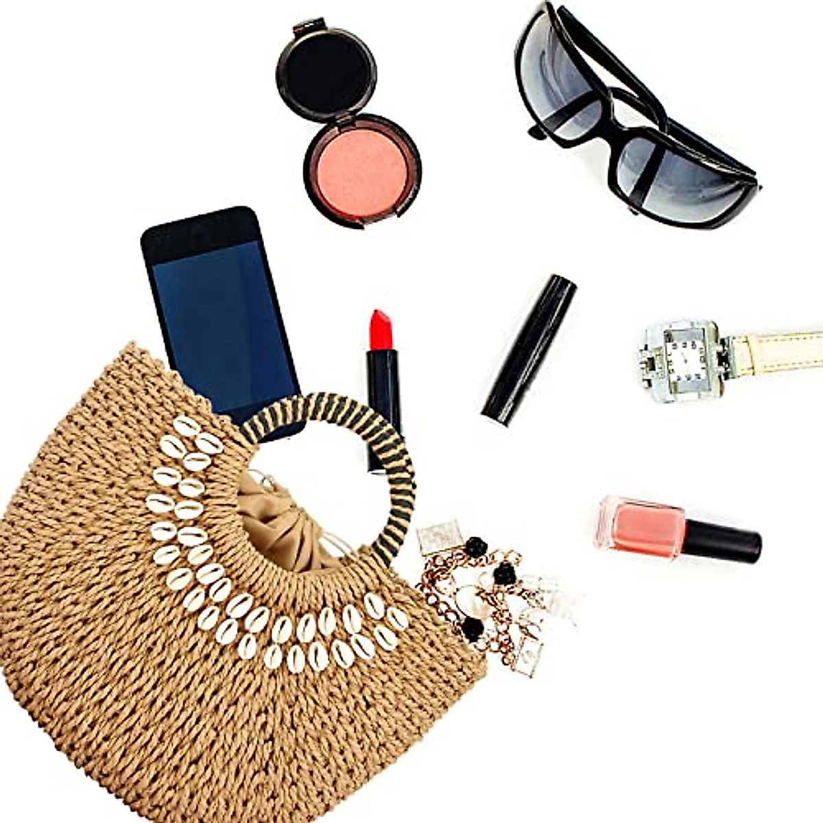 Beach Bag for Women Straw Top-Handle Bags Summer Woven Beach Tote Bag (Brown)