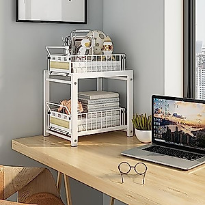 KOSIWU Under Sink Organizers and Storage, 2 Tier Kitchen Organizer and Storage with Sliding Drawer Pull Out Cabinet Organizer White Bathroom Countertop Organizer Undersink Organizer