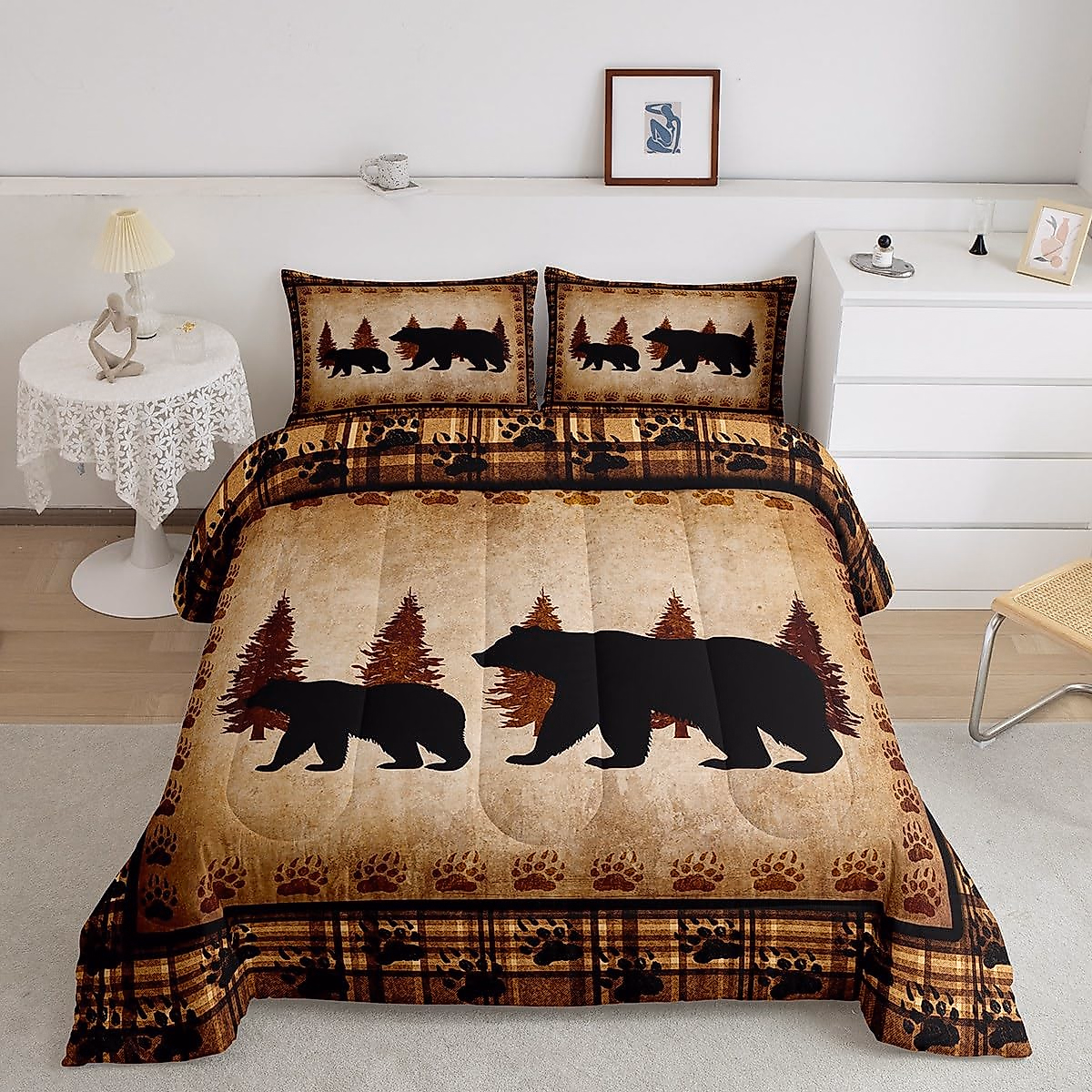 Feelyou Kids Bear Comforter Set Rustic Cabin Country Bedding Set Twin Size for Boys Girls Teens Rust Bear Comforter Wild Animal Brown Duvet Set with 1 Pillow Case