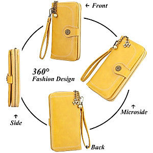 Coolstar Wallets for Women & Men PU Leather Clutch Wallet with Credit Card Holders Wristlet Phone Checkbook Organizer Large (Yellow with Sunflower Snap), Sunflower Snap + Yellow