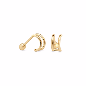 14K Yellow Gold Double Wire Ear Cuff Wrap Cartilage Huggie Hoop Earring Internally Threaded Upper Ear Piercing Hypoallergenic Helix Cartilage Lobe Tragus Upper Piercing - Sold Separately