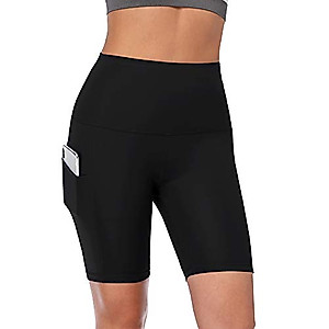 CADMUS Women's High Waist Spandex Yoga Shorts for Bike Running Two Side Pockets,1010,Black,Black,Black,Medium