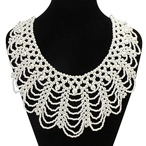 Shinywear Women Pearl Beads Necklace Decorative Gown Dress False Collar Luxury Crown Choker Dicky Neckwear Cream White