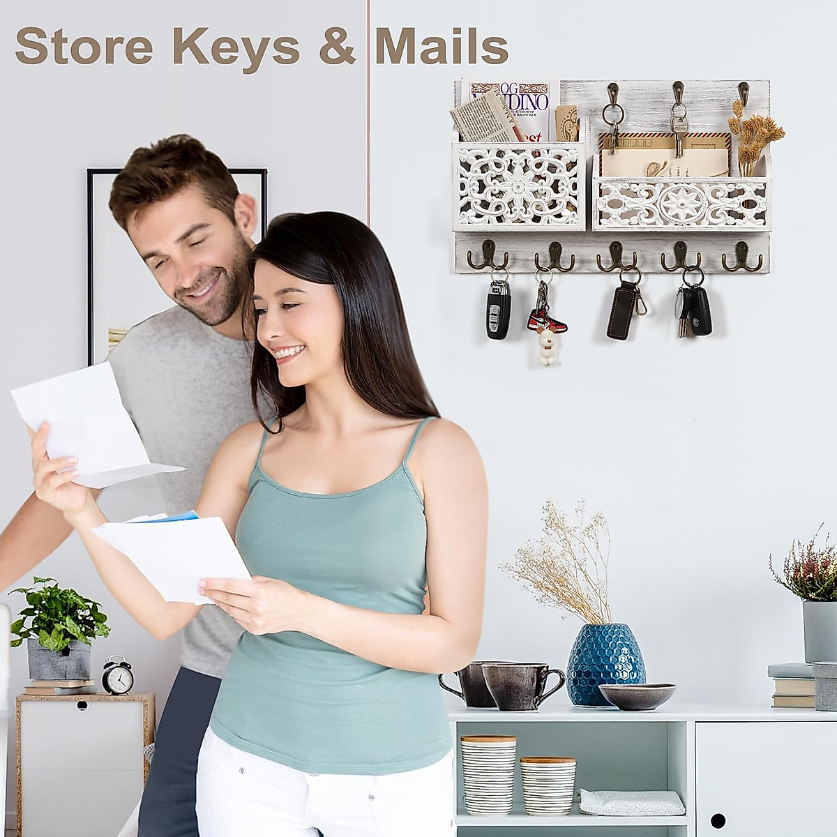 QILICHZ Key and Mail Holder for Wall,Decorative Key Holder Wall Mount,Wood Key Holder for Wall,Farmhouse Mail Key Organizer 13 Key Hooks,Rustic Key Hanger Wall Mount for Mail Envelope Letter Key,White