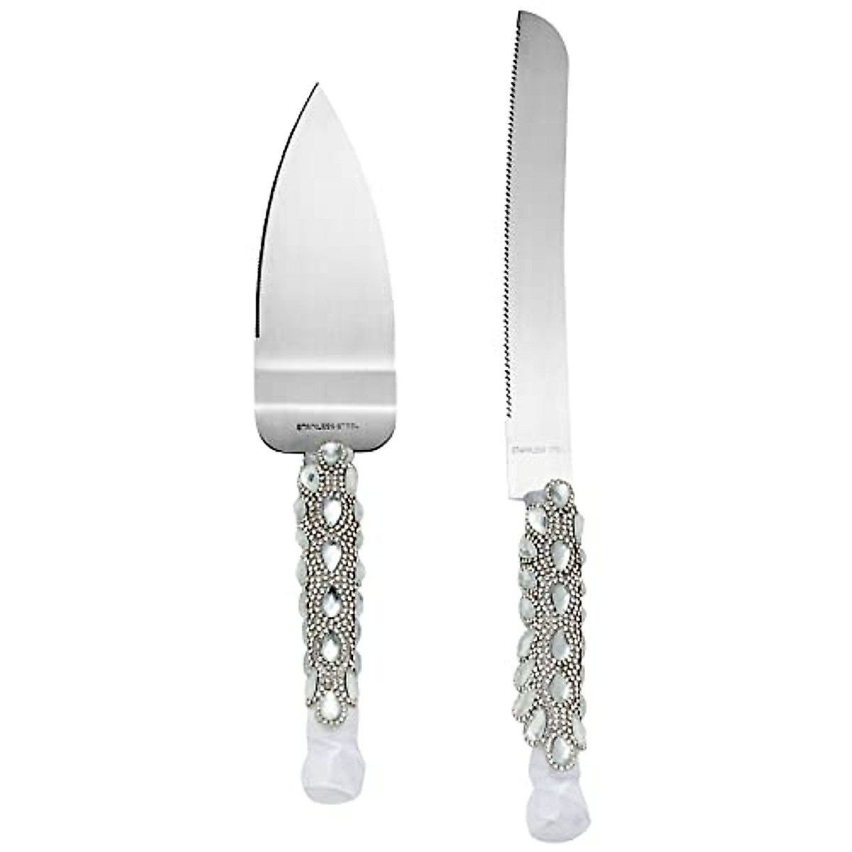 Stainless Steel Wedding Cake Knife and Server Set for Cake Cutting Ceremony, Embellished with Faux Crystals, Diamonds, Ribbon