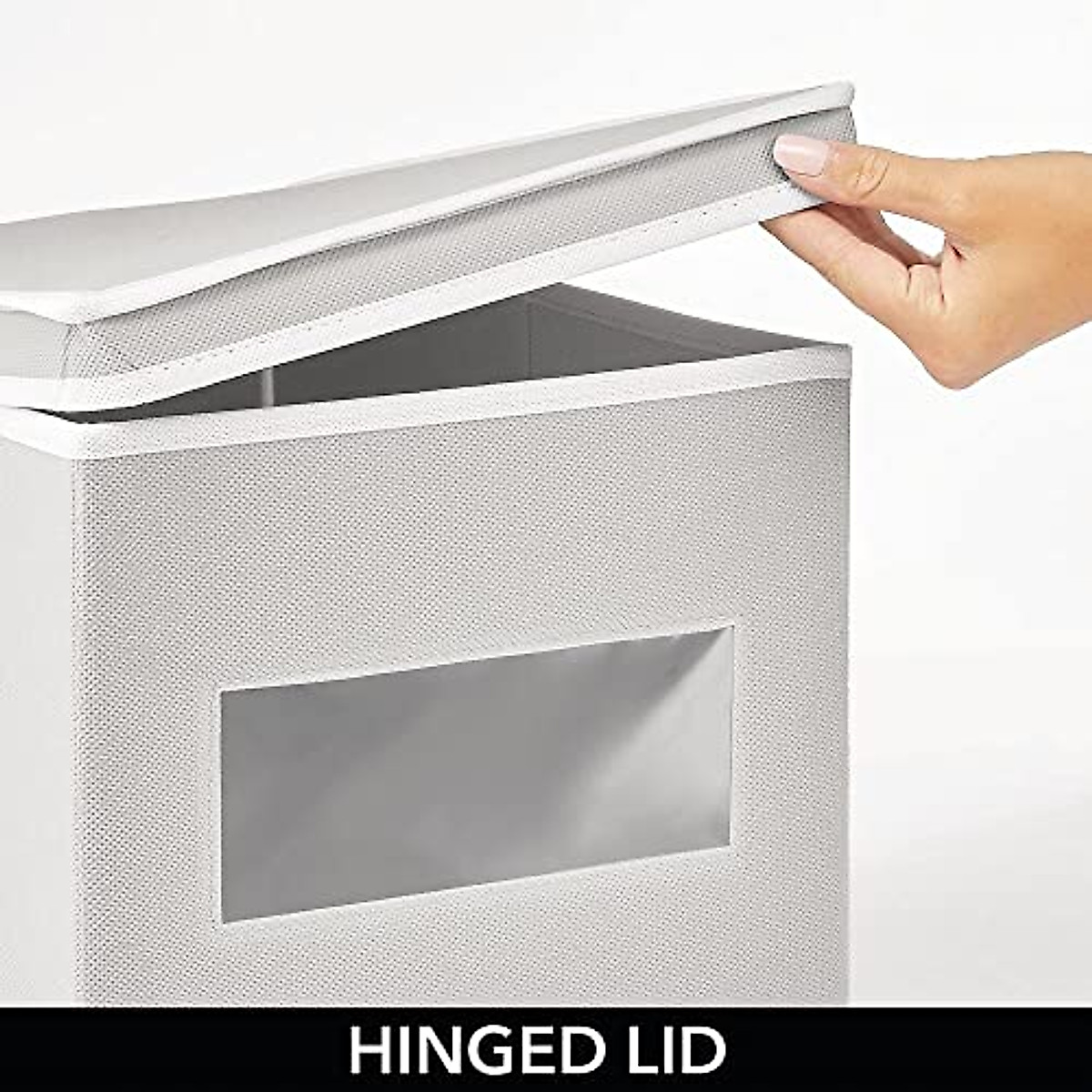 mDesign Large Fabric Stackable Closet Storage Organizer Box, Front Window/Lid for Bedroom, Office, Mudroom Organization, Hold Clothes, Blankets, Linens, Jane Collection, 4 Pack, Light Gray/White