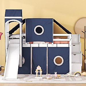 RORIGAT Full Size Loft Bed with Tent and Tower,Castle Low Loft Bed with Slide and Storage Staircase,Wood Bunk Bed Frame with Roof and Fence Shaped Guardrails for Bedroom,Blue