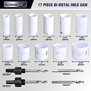 Hole Saw Kit, 17 Piece General Purpose 3/4" to 2-1/2" Set with Mandrels, Bi-Metal, Durable High Speed Steel (HSS). Fast Cut Clean, Smooth and Precise Holes Through PVC, Metal, Wood, Plastic, Drywall