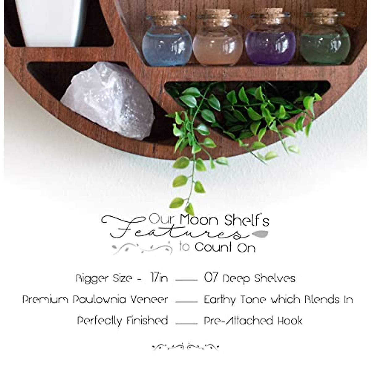 Kuuza Crescent Moon Shelf for Crystals | Moon Phase Shelf | Wooden Moon Shelf | Wall Decoration for Stone Crystals and Essential Oils | Moon Phases Wall Art, Brown, 17 inch x 17 inch x 3.4 inch