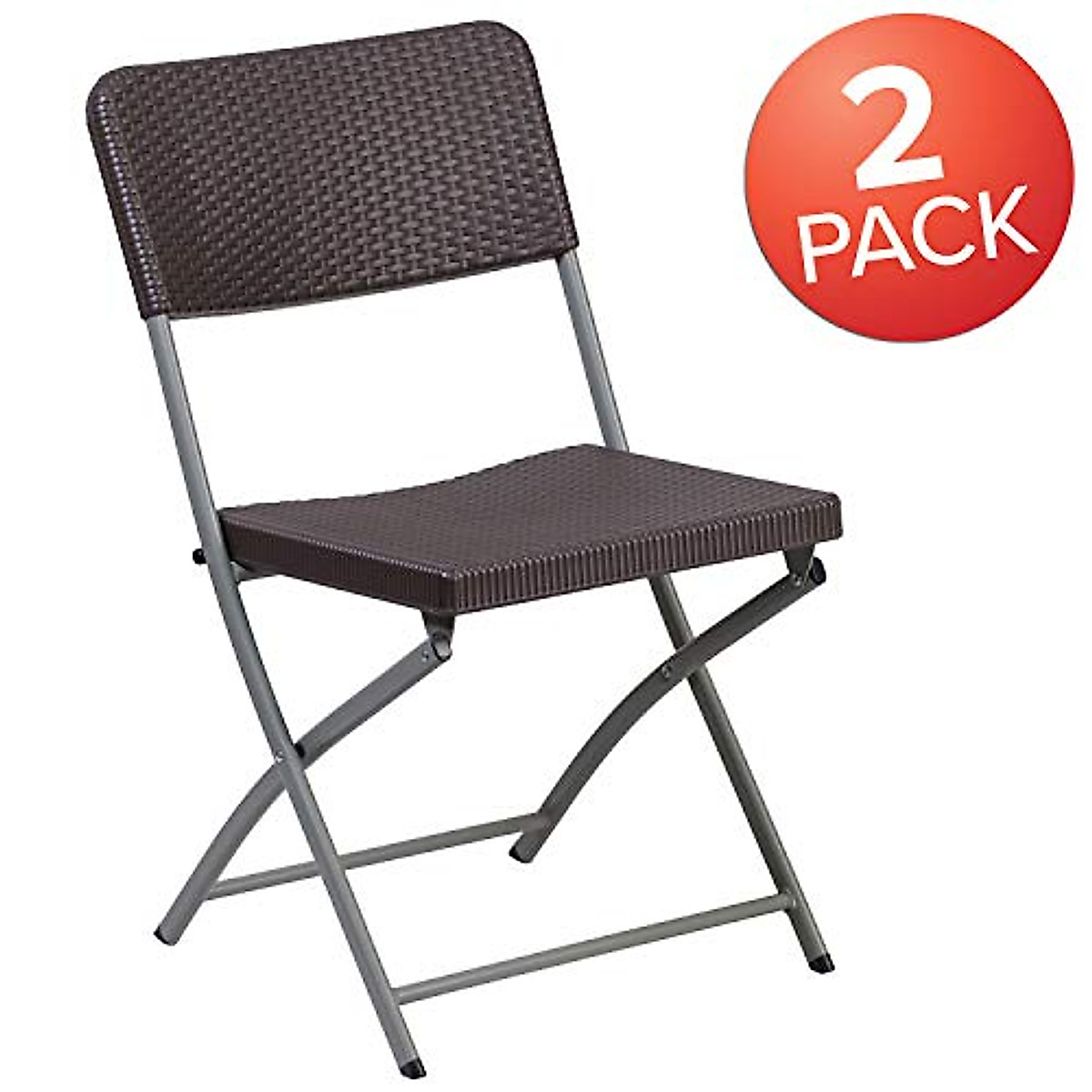 EMMA + OLIVER 2 Pack Brown Rattan Plastic Indoor-Outdoor Patio Folding Chair