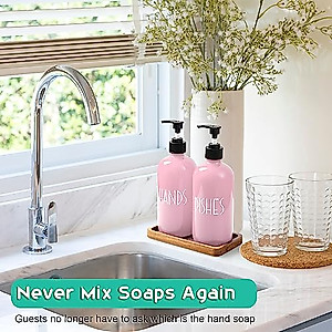 ALELION Dish Soap Dispenser for Kitchen - 16 OZ Glass Hand Soap Dispenser Set with Acacia Wood Tray - Pink Kitchen Bathroom Decor and Accessories