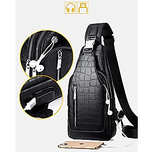 Mens Leather Sling Bag Chest Shoulder Bag,Waterproof Crossbody Chest Bag,Sling Backpack With Usb Charging Port One Shoulder Bag