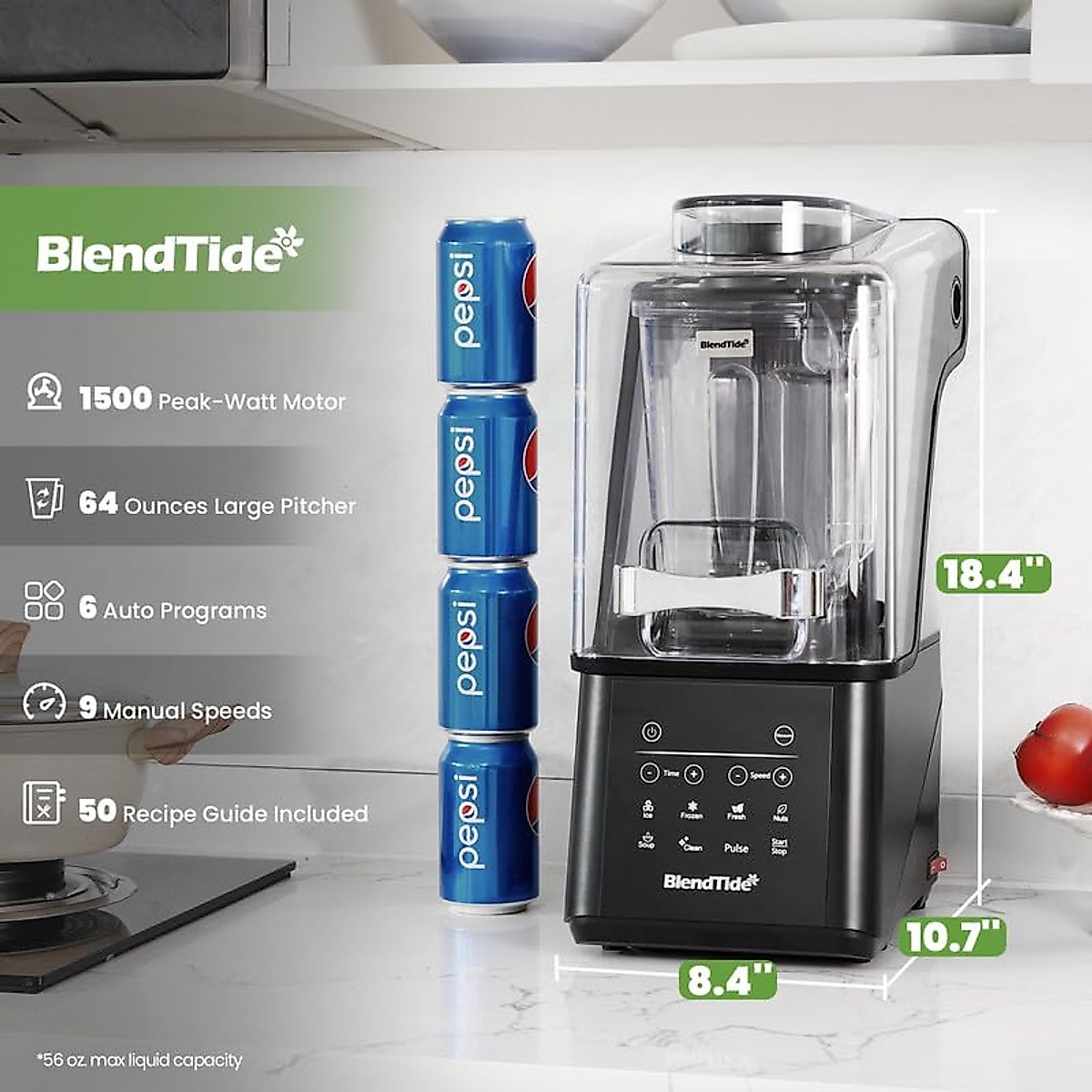 BlendTide Commercial Blenders 64oz for Kitchen: Quiet Professional Vacuum Blender for Smoothies & Shakes - 1500W High Power Blender with Sound Shield - Countertop Blenders Heavy-Duty, Black