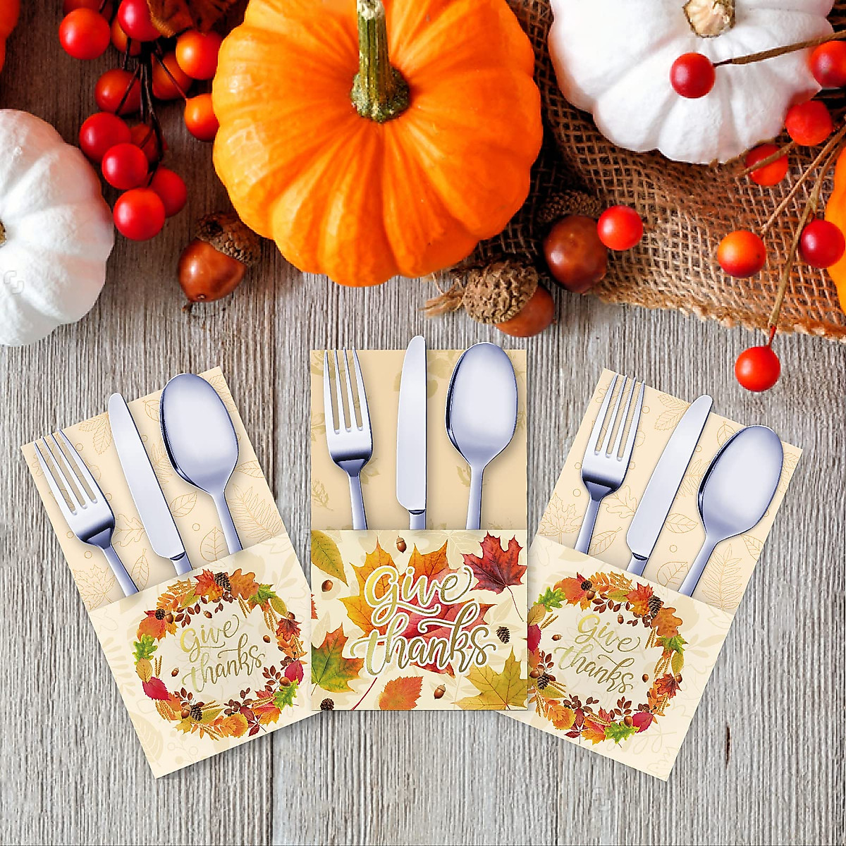 Thanksgiving Cutlery Holder Gold Foil with Give Thanks Maple Leaf design, Utensil Holder for Autumn Harvest Party Table Decorations, 24 pack, Mix 2 designs
