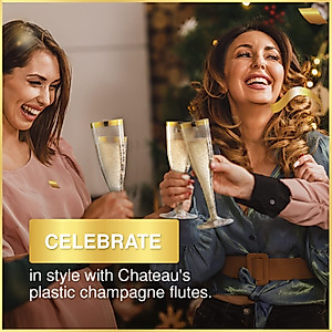 CHATEAU FINE TABLEWARE 36 Plastic Champagne Flutes, 6.5 Oz Plastic Glasses Gold Rim & Glitter Gold Mimosa Glasses, Brunch Decor, Plastic Flutes Champagne Disposable