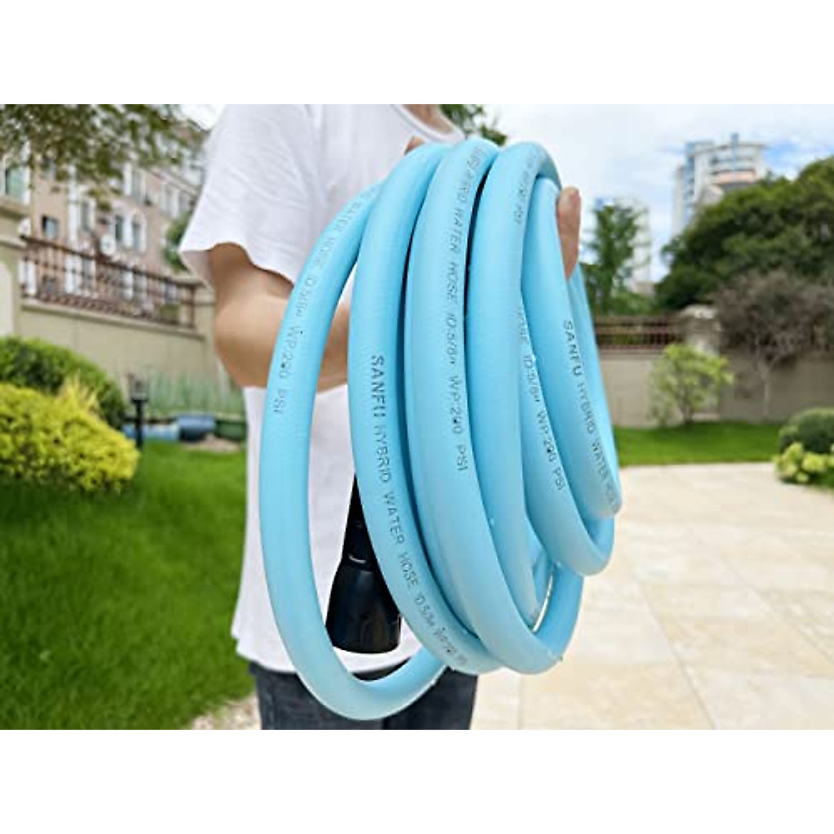 SANFU Hybrid Garden Water Hose 5/8 IN. X 50 FT, 180PSI, Lightweight, Flexible with Swivel Grip Handle Female and 3/4" GHT Solid Brass Fittings, Drinking Water Hose For RV, Azure(50')