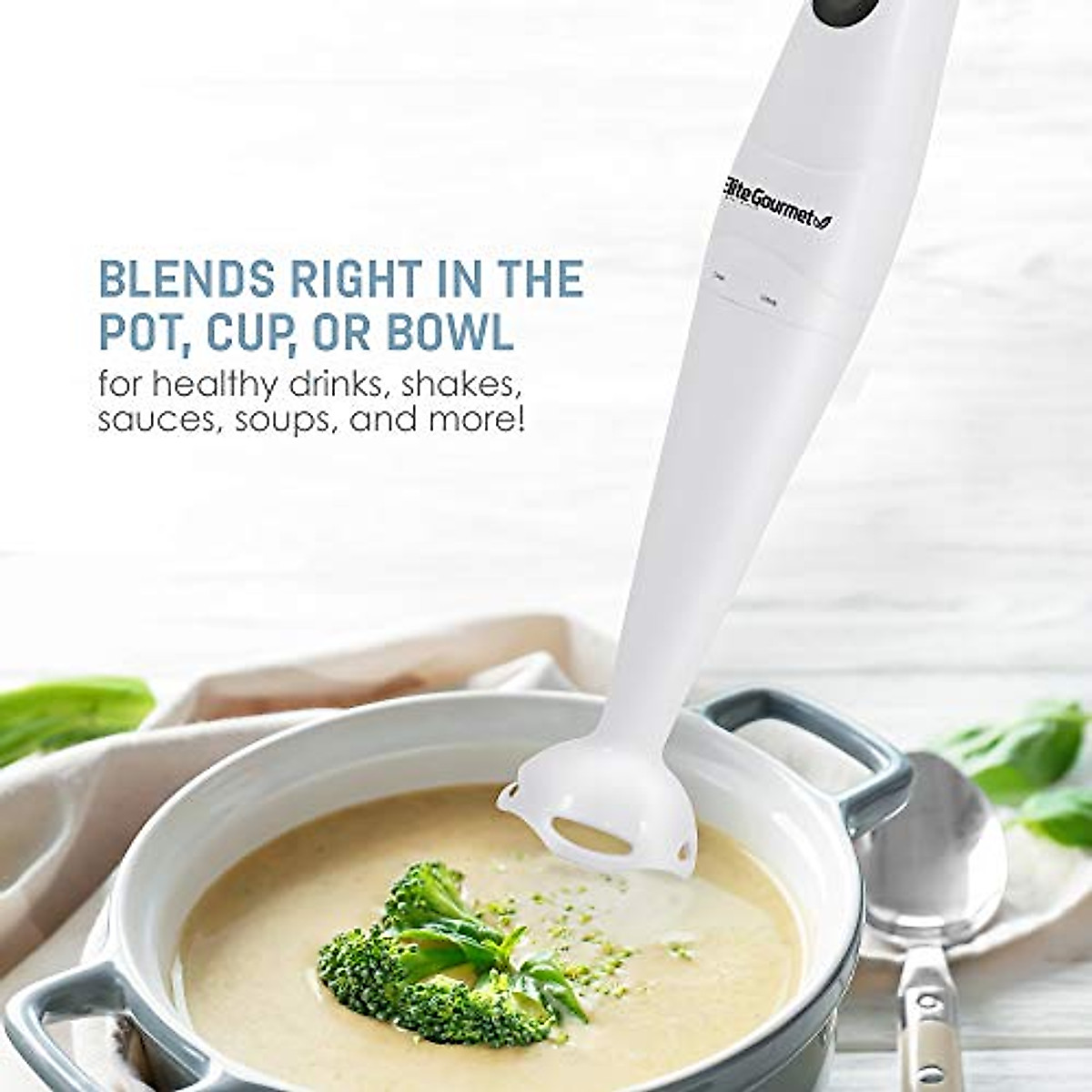 Elite Gourmet EHT-2425X Electric Immersion, Mixer, Chopper, 1-Touch Control Hand Blender, 150 Watts, White