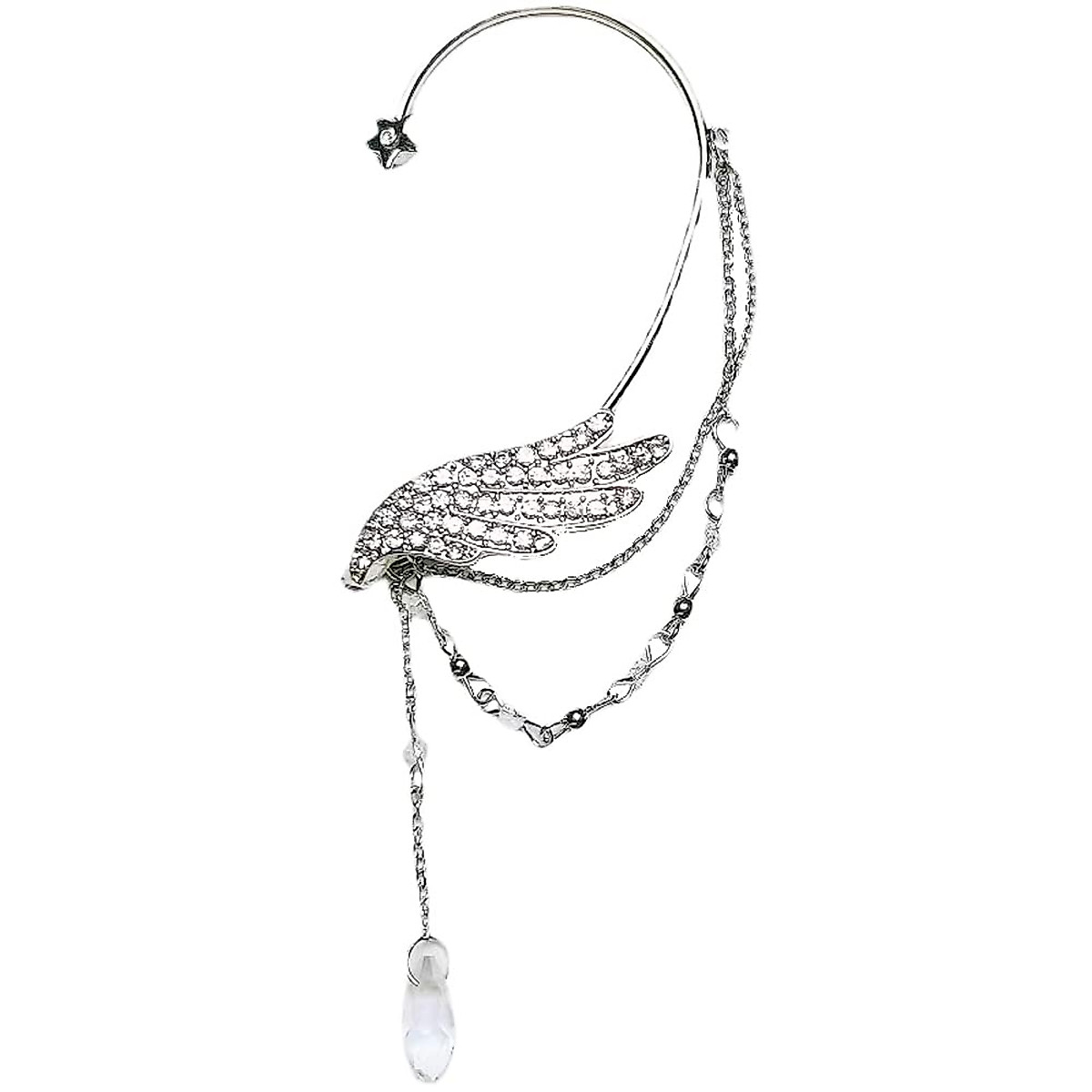Face Shape Evil Eyes Ear Cuff Earring for Women Non-piercing Silver Abstract Simple Fashion Aesthetic Dainty Kpop Rhinestone Angel Wings Ear Wrap Crawler Hook Earring with Chain Charms (Silver 2)