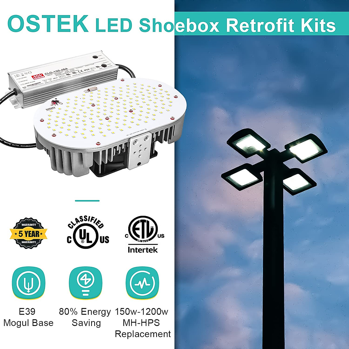 OSTEK 120W LED Shoebox Retrofit Kits, Replace 550W MH/HPS/HID Bulbs- 16,200LM 5000K E39 Mogul Base Retrofit Lights for Parking Lot Shoebox Light, Street Lighting, MEANWELL Driver, DLC&ETL Certified