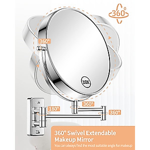 Gospire 9" Large Size Wall Mount Makeup Mirror with 1X/10X Magnification Double-Sided 360° Swivel Vanity Mirror，Chrome Polished Extendable Shaving Bathroom Wall Cosmetic Mirror for Men and Women