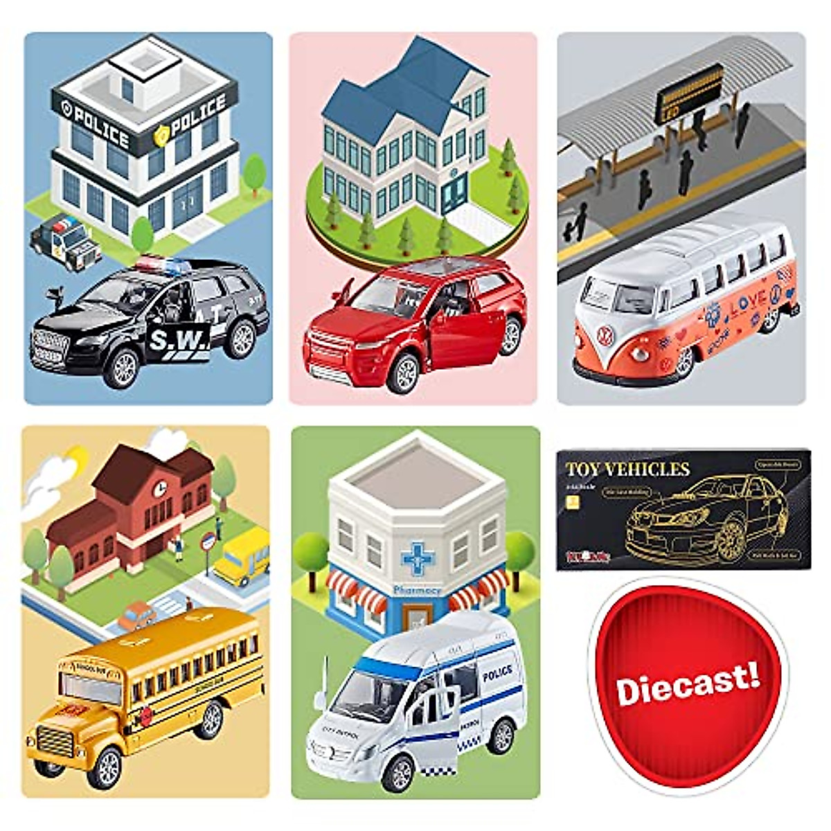 KIDAMI Die-cast Metal Toy Cars Set of 5, Openable Doors, Pull Back Car, Gift Pack for Kids (Official Car)