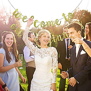 Welcome to Our Beginning Banner for Wedding Welcome Sign, Housewarming Gift, Front Door Decorations, Personalized Housewarming Photo Backdrop (Gold Glitter)