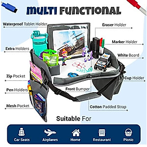 WITRIP Kids Travel Tray with Dry Erase Board, Travel Tray for Kids Car Seat, Carseat Table Trays for Toddler, Kid Activity Desk for Air Travel, No-Drop Tablet Holder & Borders (All Grey)