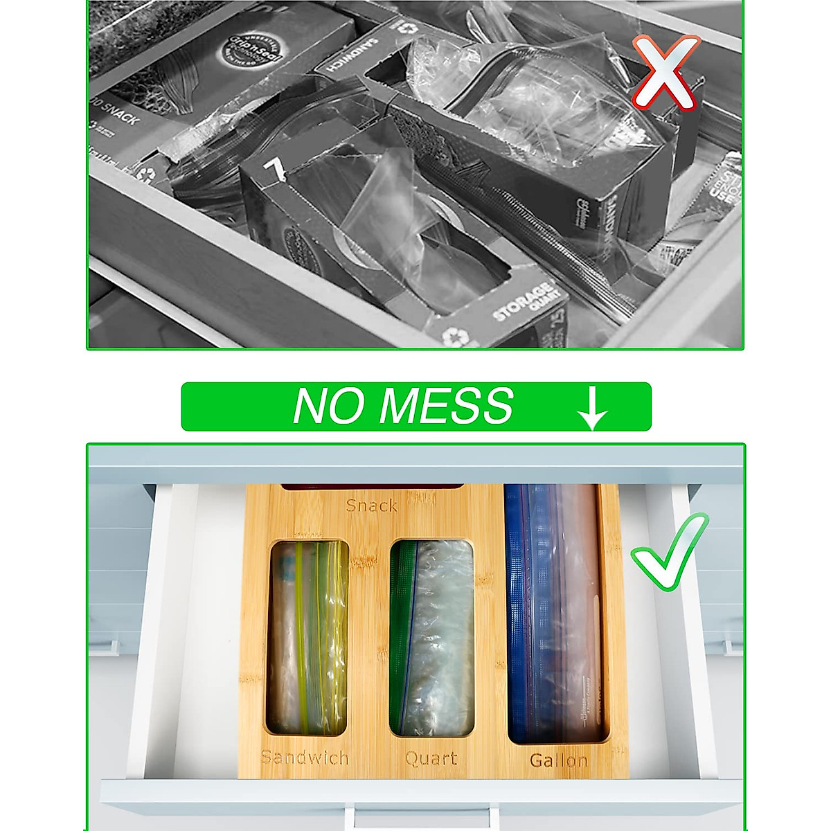 Ziplock Bag Organizer: 100% Bamboo Organizer Plastic Food Storage Bags Holder Dispenser Kitchen Wrap Dock Baggie Container Organizer for Gallon Snack Sandwich Quart Zip Lock Bags