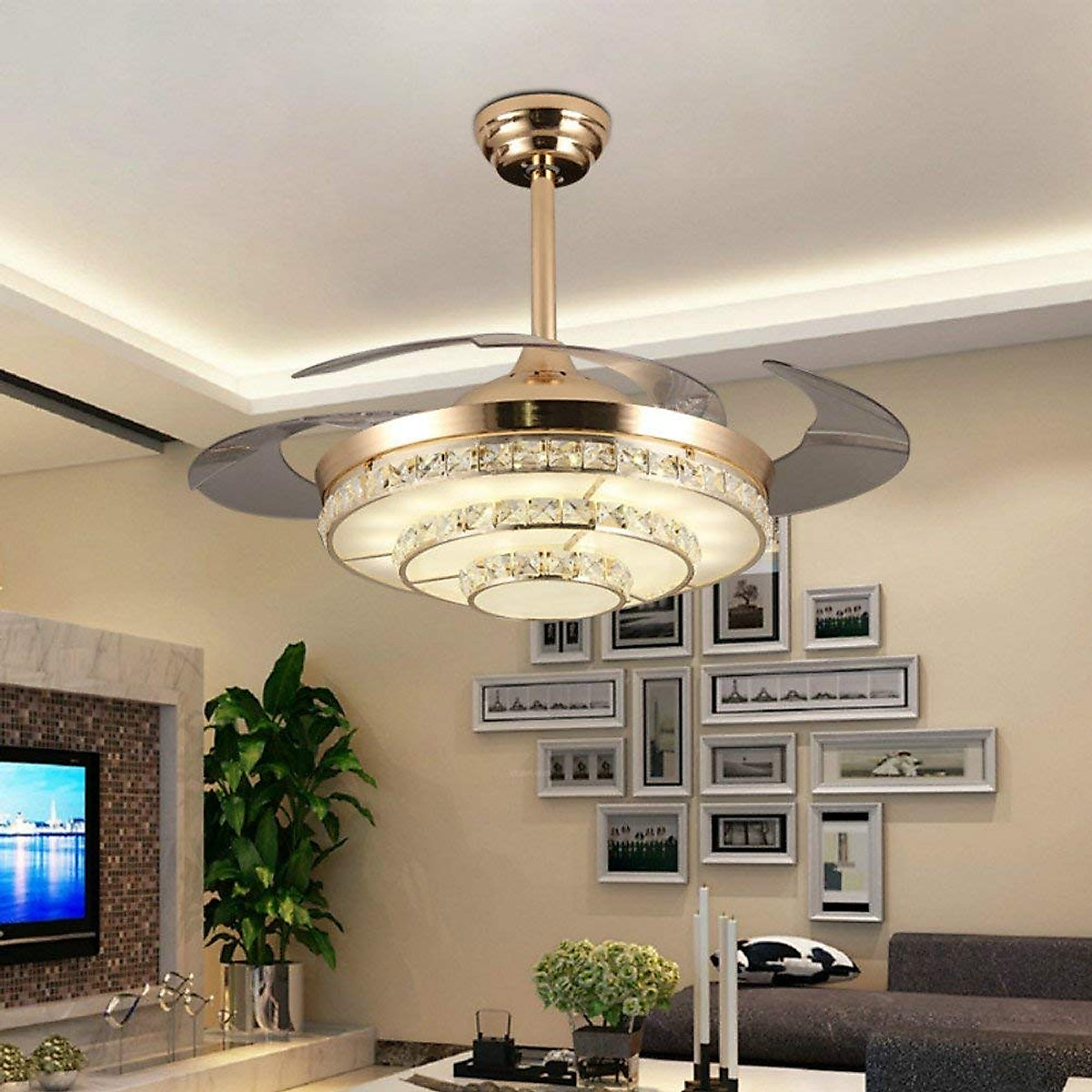 Lighting Groups 42 Inch Invisible Ceiling Fan with 3-Color Changing Light Remote Control Retractable Blades Fandelier for Living Room Dining Room Reversible Ceiling Fan with Indoor Lights (Gold D)