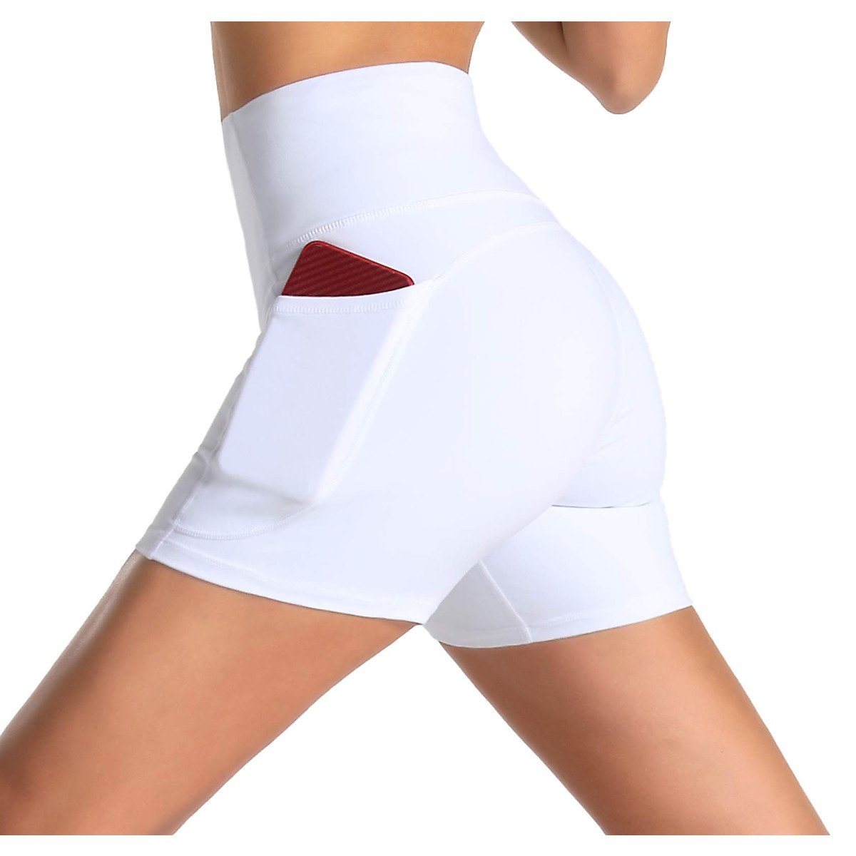 Wjustforu Women's 5" High Waist Biker Shorts Tummy Control Compression Yoga Short Tight Shorts for Workout Running (White, Medium)