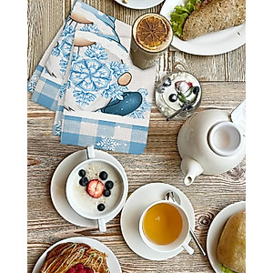 Blue Plaid Gnomes Winter Dish Towels Set, Waffle Weave Kitchen Towels Microfiber Towels Cleaning Christmas Snowflake Rustic Burlap Soft Absorbent Dish Drying Towels Hand Towels 2 Pack 15.7x23.6 In