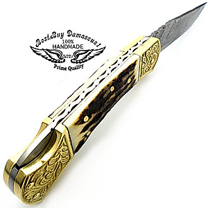Best.Buy.Damascus1 Damascus pocket knife, Folding knife, Pocket Knife For Men, Knife Set with knife sharpeners Premium Quality gifts for men (antlers Scrimshaw)