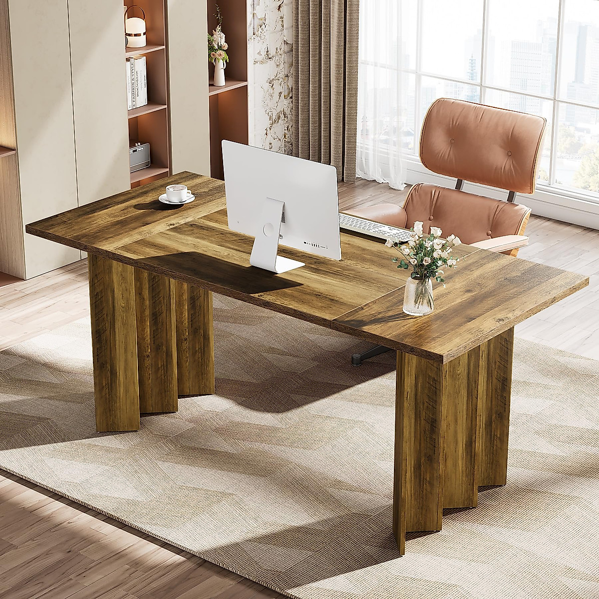 Tribesigns Modern Executive Desk, 62.2" Office Computer Desk, Mid-Century Modern Desk with Legs, Simple Writing Desk Workstation Business Furniture for Home Office, Brown Oak