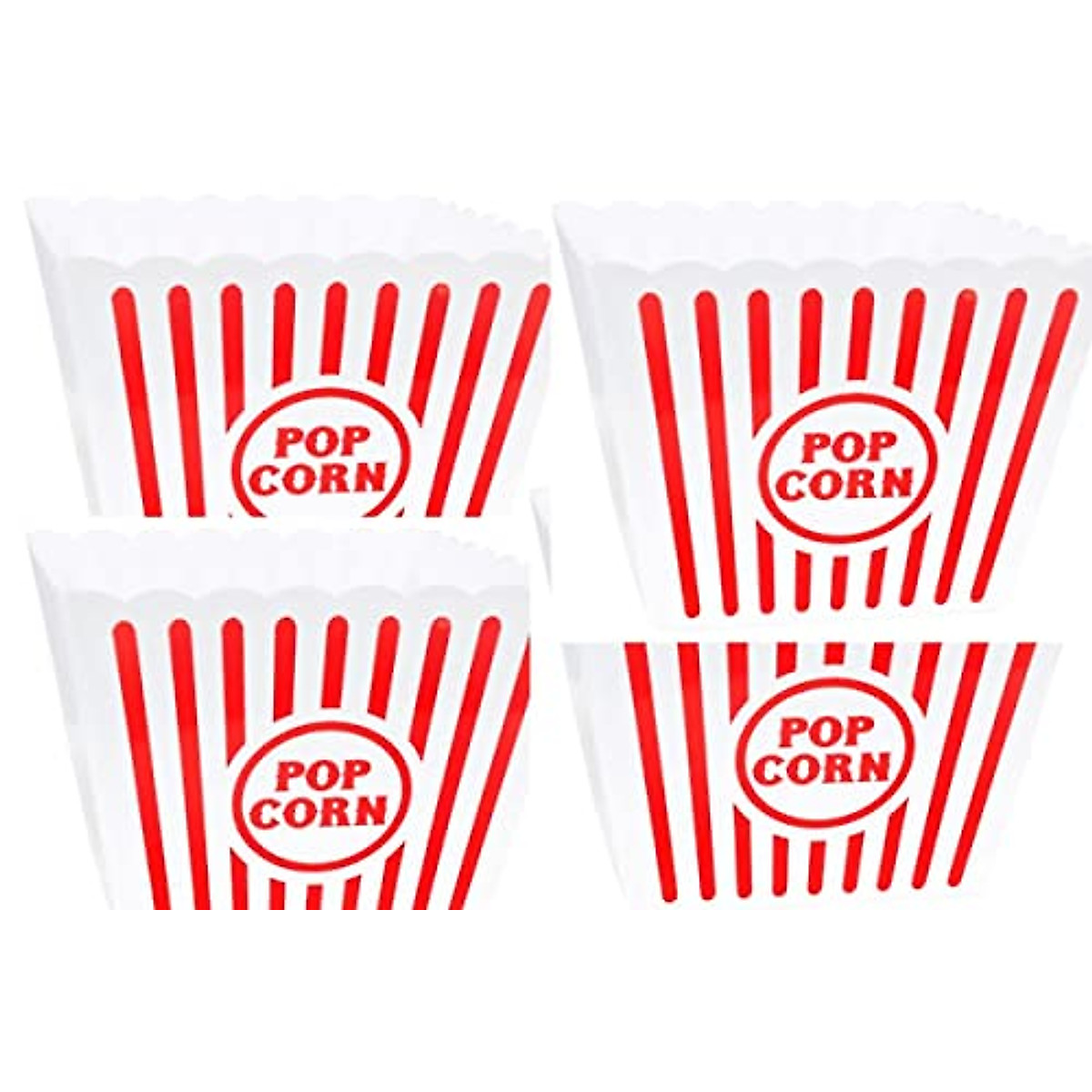 TDST Set of 4 Large Plastic Popcorn Tubs, 8.75x8.75 in. Retro Classic Red and White Striped Bowl Reusable Movie Theater Bucket with Bonus TDST Upendo