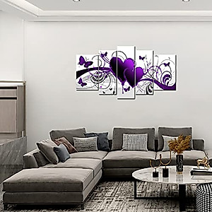 Yeawin Purple Love Butterfly Wall Art Purple Heart The Picture Print On Canvas 5 Panels Modern Abstract Artwork The Canvas for Home Living Dining Room Kitchen(Wrapped Canvas Wall Art,Ready to Hang)
